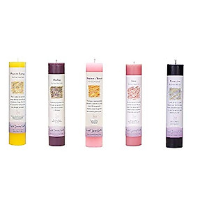 Crystal Journey Reiki Charged Herbal Pillar Candle with Inspirational Labels - 5 Pack (Manifest a Miracle, Healing, Positive Energy, Love, Protection), Each 7"x1.5" Handcrafted, Lead-Free