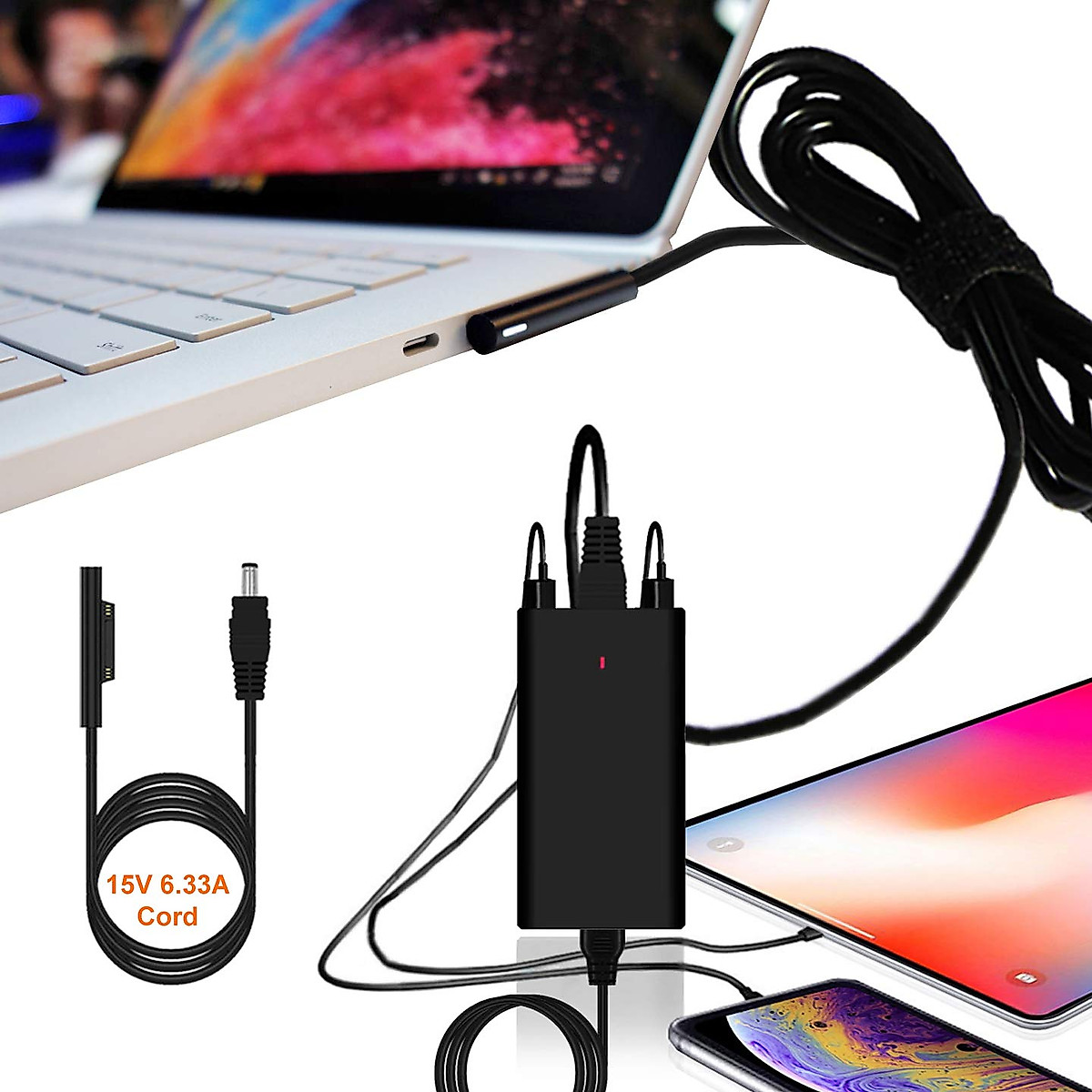 BatPower High Power Delivery Slim 120W Surface Charger Compatible with Microsoft Surface Book Laptop 4 3 2 1 Surface Pro 9 8 X 7 6 5 4 3 Go Power Supply 102W Adapter with Dual USB Quick Charge 3.0
