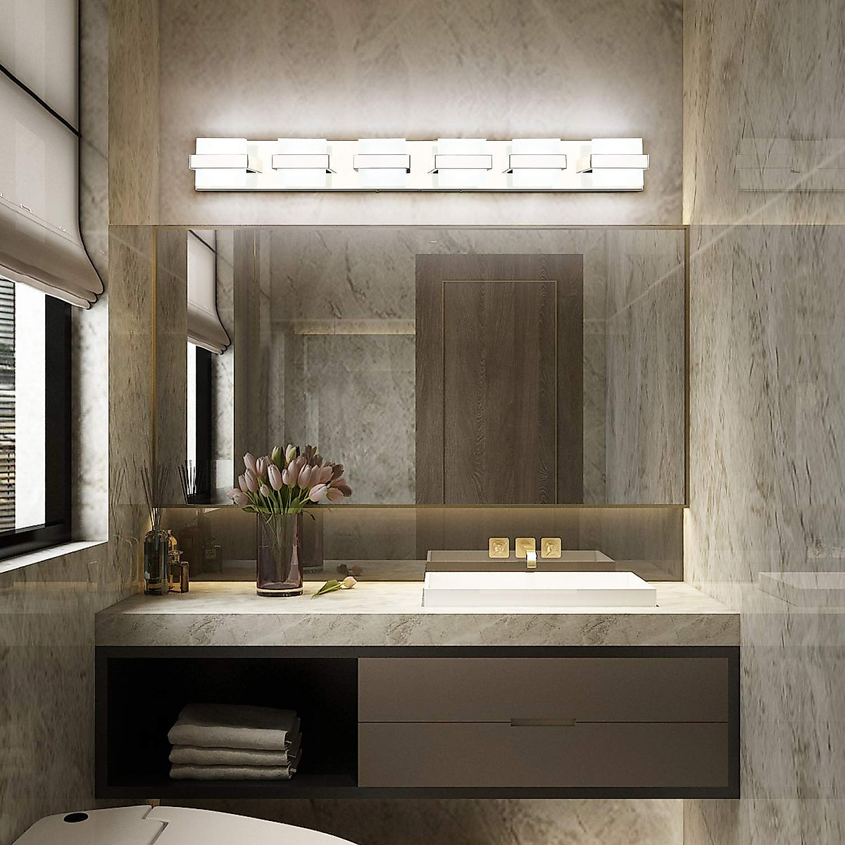 SOLFART Dimmable Modern 6 Lights Vanity Lights for Bathroom LED Bathroom Vanity Lights Over Mirror Chrome