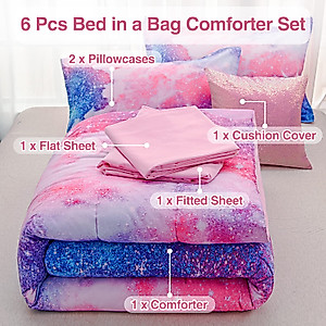 A Nice Night Galaxy Bedding Sets Outer Space Comforter 3D Printed Space Quilt Set Full 6Pcs Glitter Pink,for Children Boy Girl Teen Kids