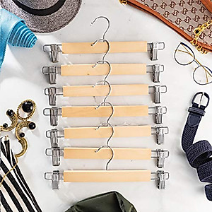 High-Grade Wooden Pants Hangers with Metal Clips Grip Clip Pants Hanger, Smooth Finish Solid Wood Jeans/Skirt Hanger, 360° Swivel Hook - Clip Hanger for Pant, Skirts, Slacks - 10 Pack, Natural