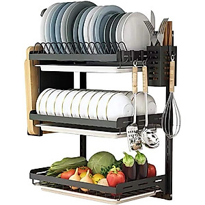 Ctystallove 3 Tier Black Stainless Steel Dish Drying Rack Fruit Vegetable Storage Basket with Drainboard and Hanging Chopsticks Cage Knife Holder Wall Mounted Kitchen Supplies Shelf Utensils Organizer