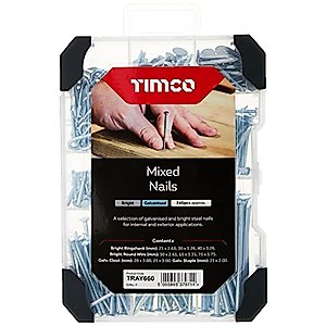 TIMCO Nails Galvanised Bright Mixed Tray - 300pcs - A Selection of galvanised and Bright Steel Nails for Internal and Exterior Applications