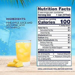 Dole 100% Pineapple Juice, No Added Sugar, Excellent Source of Vitamin C, 100% Fruit Juice, 6 Fl Oz (Pack of 6), Packaging May Vary