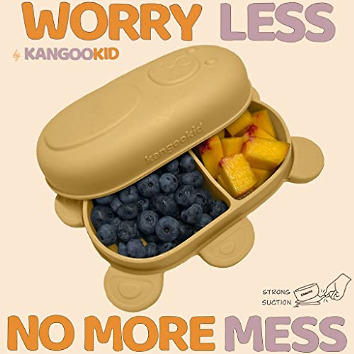 Kangookid Bear Silicone Suction Plate for Baby,Kid & Toddler-Fold-N-Go Baby Bowl with Lid- Divided Toddler Plate Fits Baby Highchair Tray-Silicone Plate Transforms into Food Container(Bear-Beige)