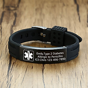 VNOX Customize Emergency Jewelry Medical Alert ID Black Silicone Rubber Stainless Steel Adjustable Bracelet