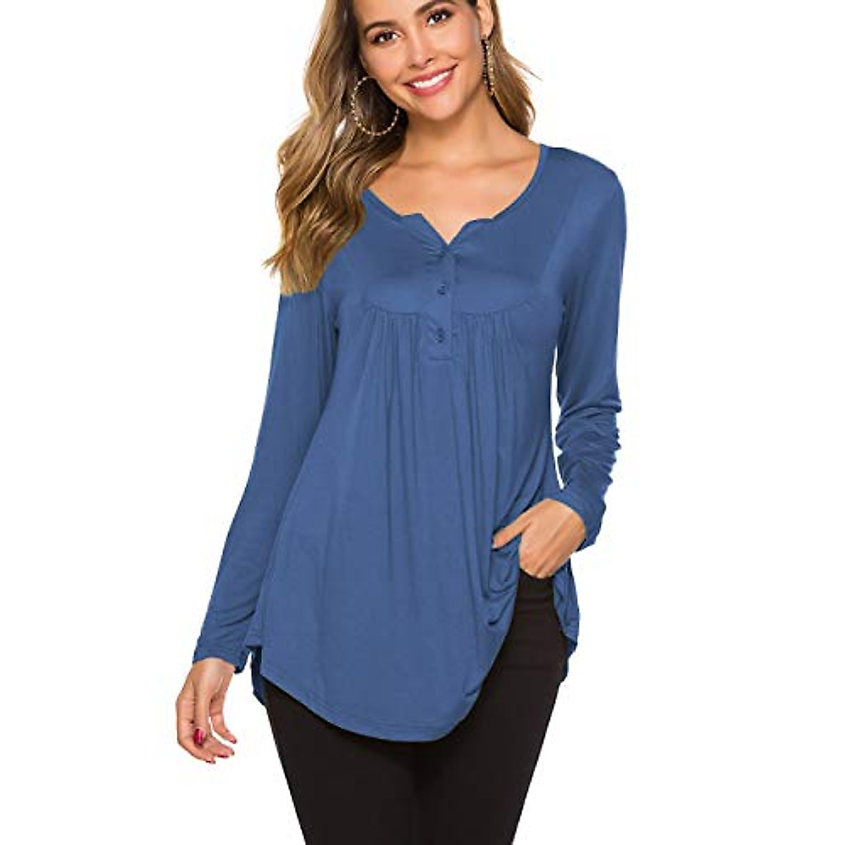 Halife Womens Long Sleeve Tops to Wear with Leggings Henley V Neck T Shirts Pleated Tunic Fall Blouse Blue L