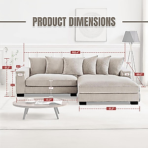 Container Furniture Direct Luxe Oversized Two-Piece Sectional Couches for Living Room, 102.4-Inch L Shaped Sofa with Chaise, Upholstered with Corduroy Fabric, Ivory - Right Facing