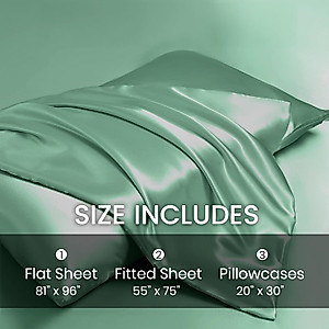 Revdomfly 4 Pcs Full Size Luxury Silky Soft Grass Green Satin Sheet Set,1 Premium Moisture Wicking Fitted Sheet Fits Up to 16 Inches Deep Pocket + 1 Flat Sheet + 2 Pillowcases（Grass Geen, Full）