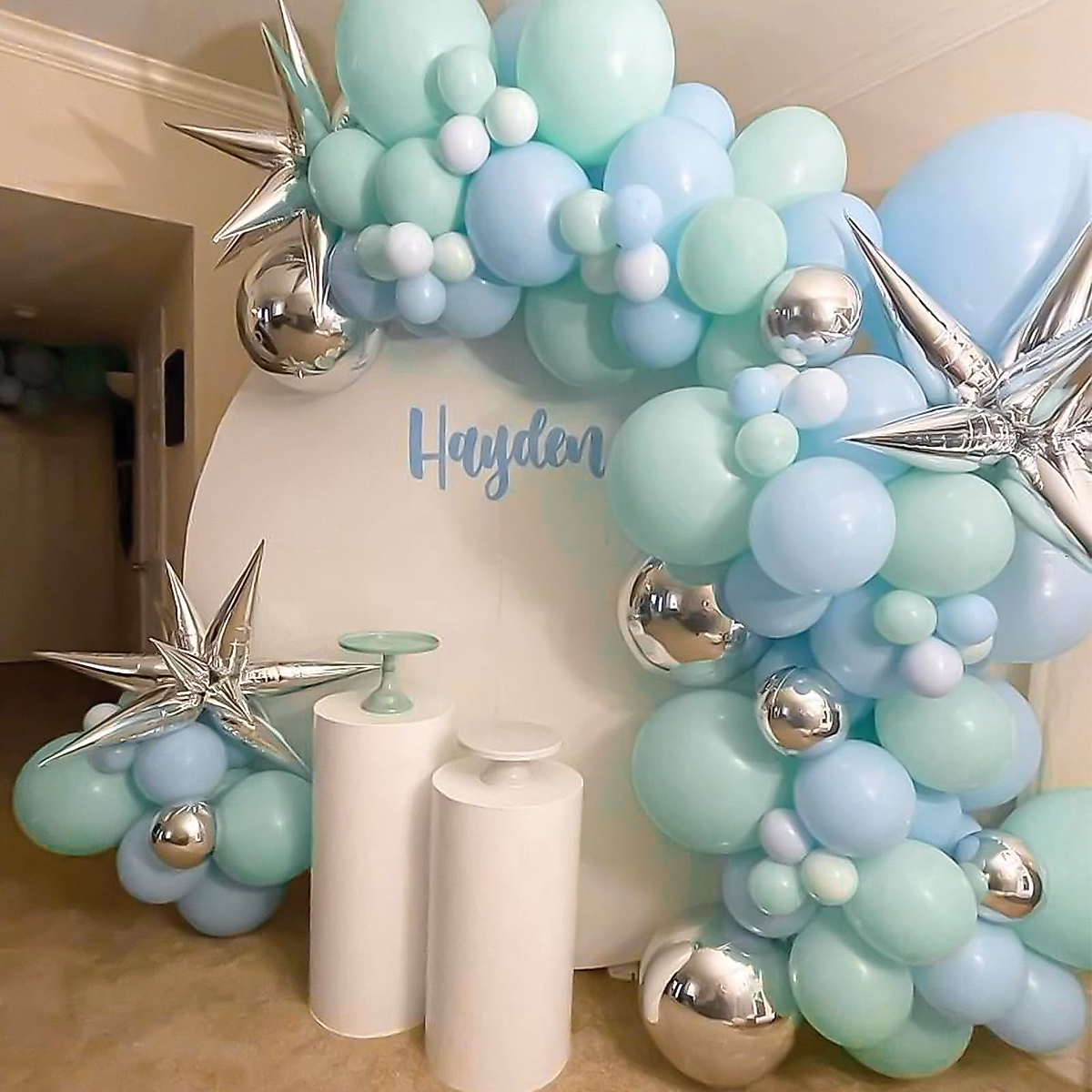 RUBFAC 129pcs Mint Green Balloons Different Sizes 18 12 10 5 Inch, Pastel Makani Blue Balloon Garland Arch Kit for Birthday Baby Shower Gender Reveal Wedding Party Decoration