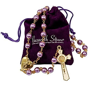 Nazareth Store Purple Pearl 8mm Beads Rosary Necklace Gold Prayer Chaplet with Miraculous Open Up Locket Centerpiece Medal and White Enamel Cross
