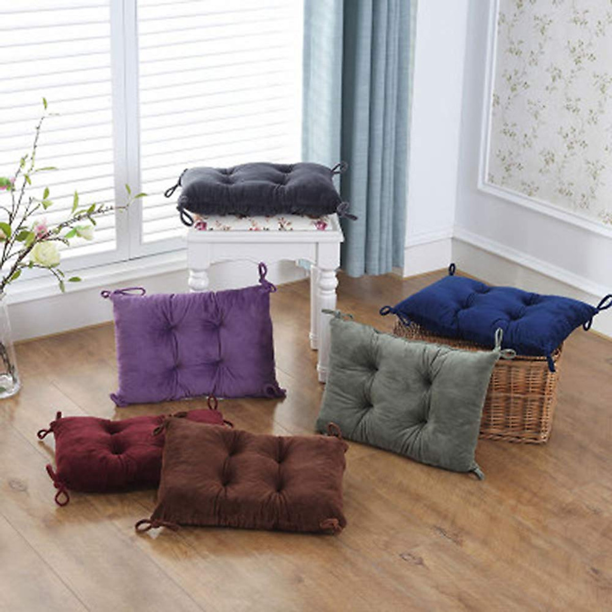 JINGXIN Crystal Velvet Fabric Chair Pad Rectangle Stool Cushion Students Seat Pad,with Ties - 11.8 x 17.7 inch,Pine Green