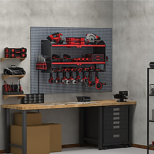 YYR Power Tool Organizer with Charging Station Wall Mount, Cordless Drill and Battery Holder for Garage Organization, Electric Tools Storage Rack Build in Surge Protection Power Strip - Red Shelf