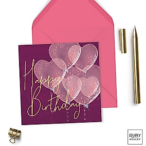 Ruby Ashley Birthday Card for Female Adult or Child. Balloon Happy Birthday Card for Her with Pink Envelope. 100% Recyclable. Made in the UK Eco Friendly Birthday Cards for Women.