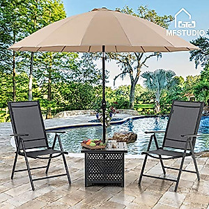 MFSTUDIO 3 Piece Metal Patio Dining Set,Outdoor Bistro Furniture with1 x Wrought Iron Square Table with Umbrella Hole and 2 x Folding Sling Chairs with 7 Levels Adjustable (Black)