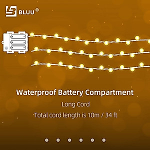 BLUU String Lights 34ft Outdoor 100 Led Crystal Globe Bulb 33 Feet Long String Lights 8 Lighting Modes, Waterproof Battery Powered Patio Lights for Garden Yard Porch Wedding Party Decor