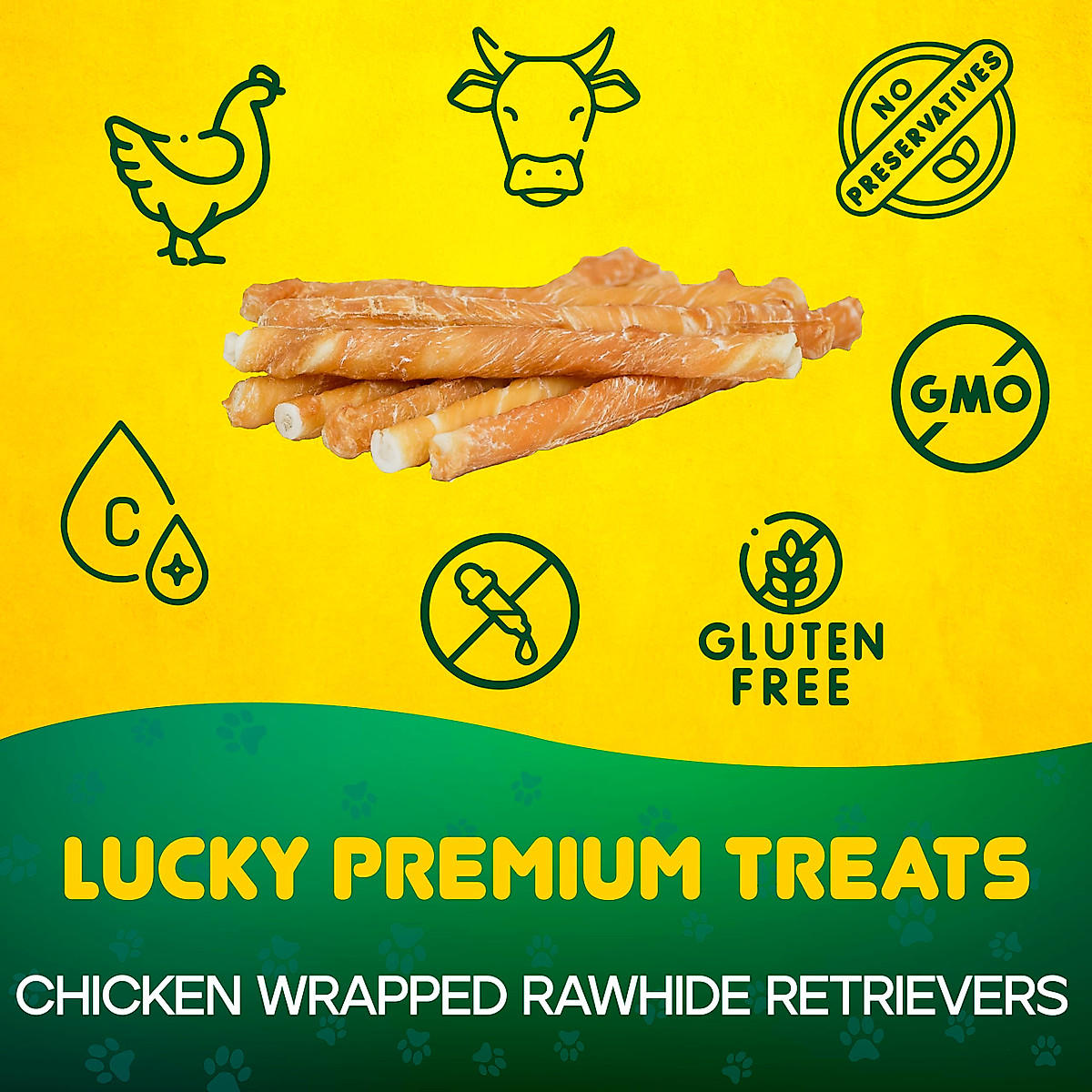 Lucky Premium Treats Chicken Wrapped Dog Treats – Retriever Size - USA Made Raw Hide Sticks for Large Size Dogs – Long Lasting, Preservative Free Dog Treat – 17 Chews