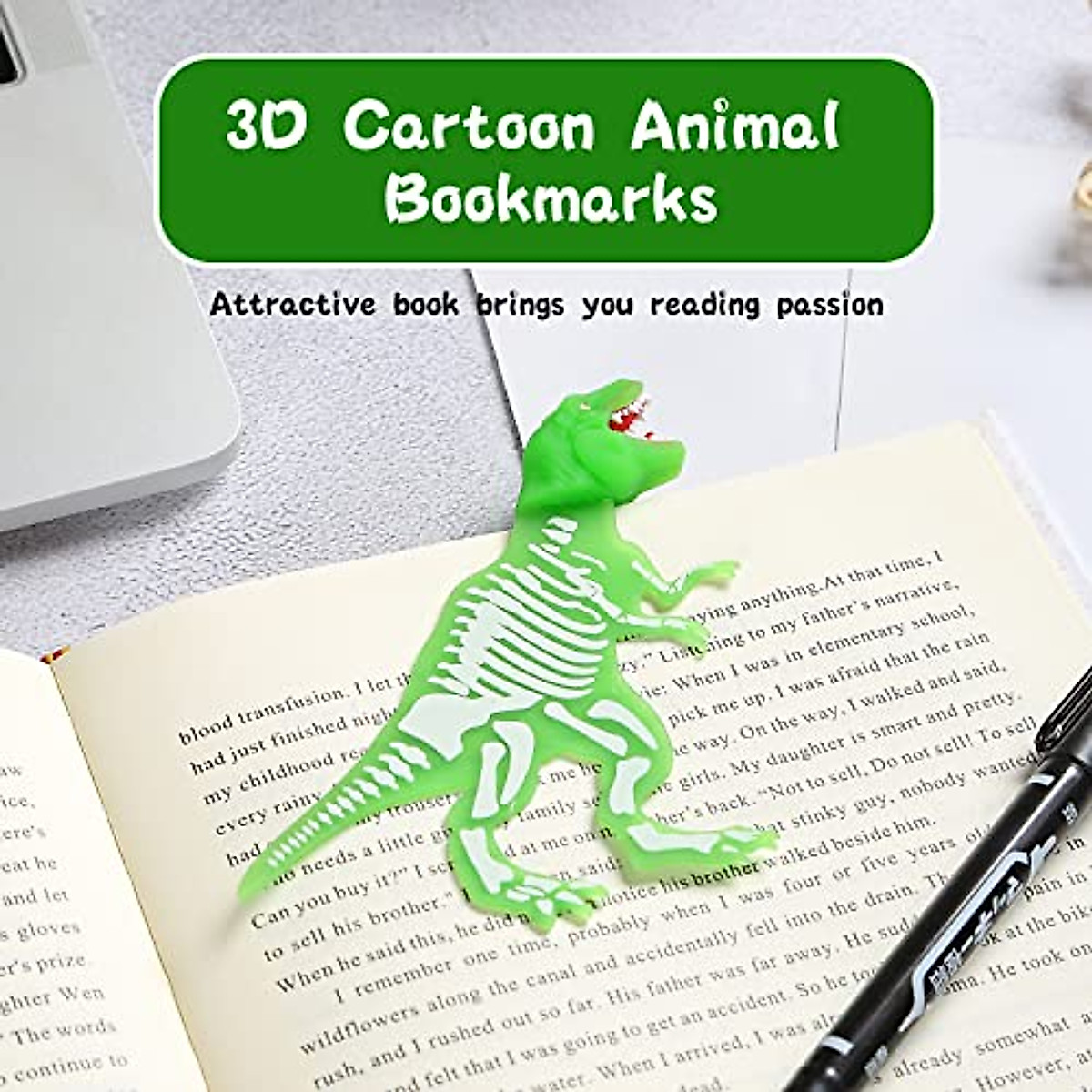 2 Pieces Funny Dinosaur Bookmark, Cool Luminous Book Markers, Cute 3D Cartoon Animal Book Marks, Pretty Unique Bookmark for Kids, Boys, Girls, Students