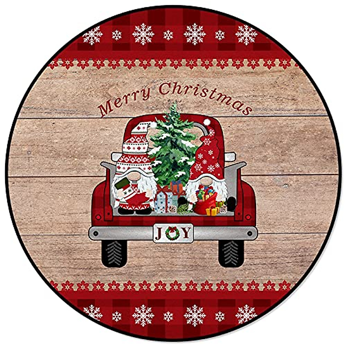 OUR DREAMS Christmas Round Area Rugs Children Crawling Mat Non-Slip Mat, Truck Xmas Gnomes on The Wooden Board Residential Carpet for Living Dining Room Kitchen Rugs Decor, 3Ft(36In)