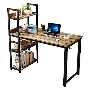 HOBINCHE 47 Inch Computer Desk with 4-Tier Shelves, Modern Writing Study Table with Reversible Bookshelf, Multipurpose Wood Desk Workstation with Metal Frame for Small Space, Rustic Brown