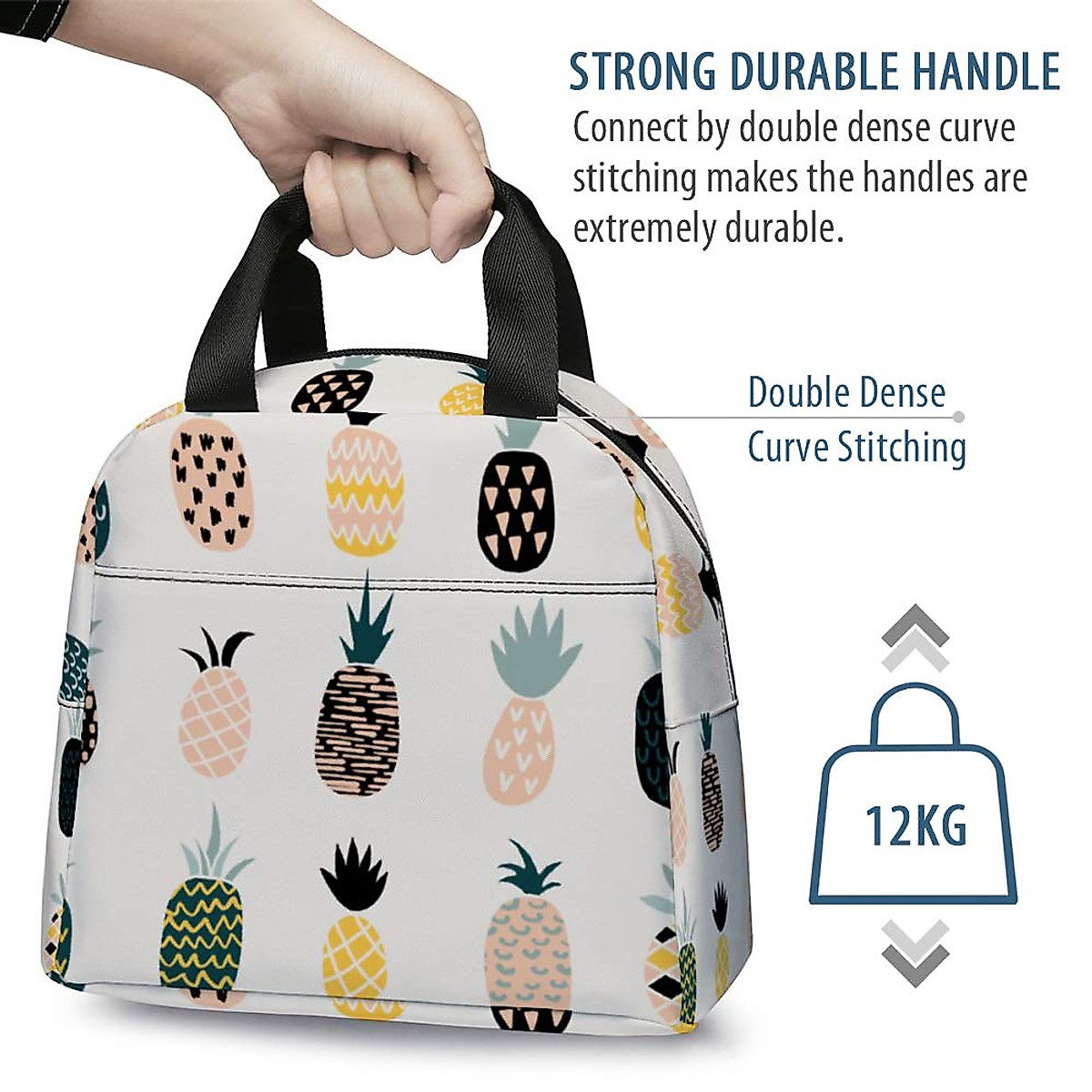 Lunch Bag, Cute Kids Reusable Cooler Lunch Tote Bag Insulated Leakproof Lunch Box Container with Front Pocket for Girls Boys School Work Picnic (Whte Pineapple)