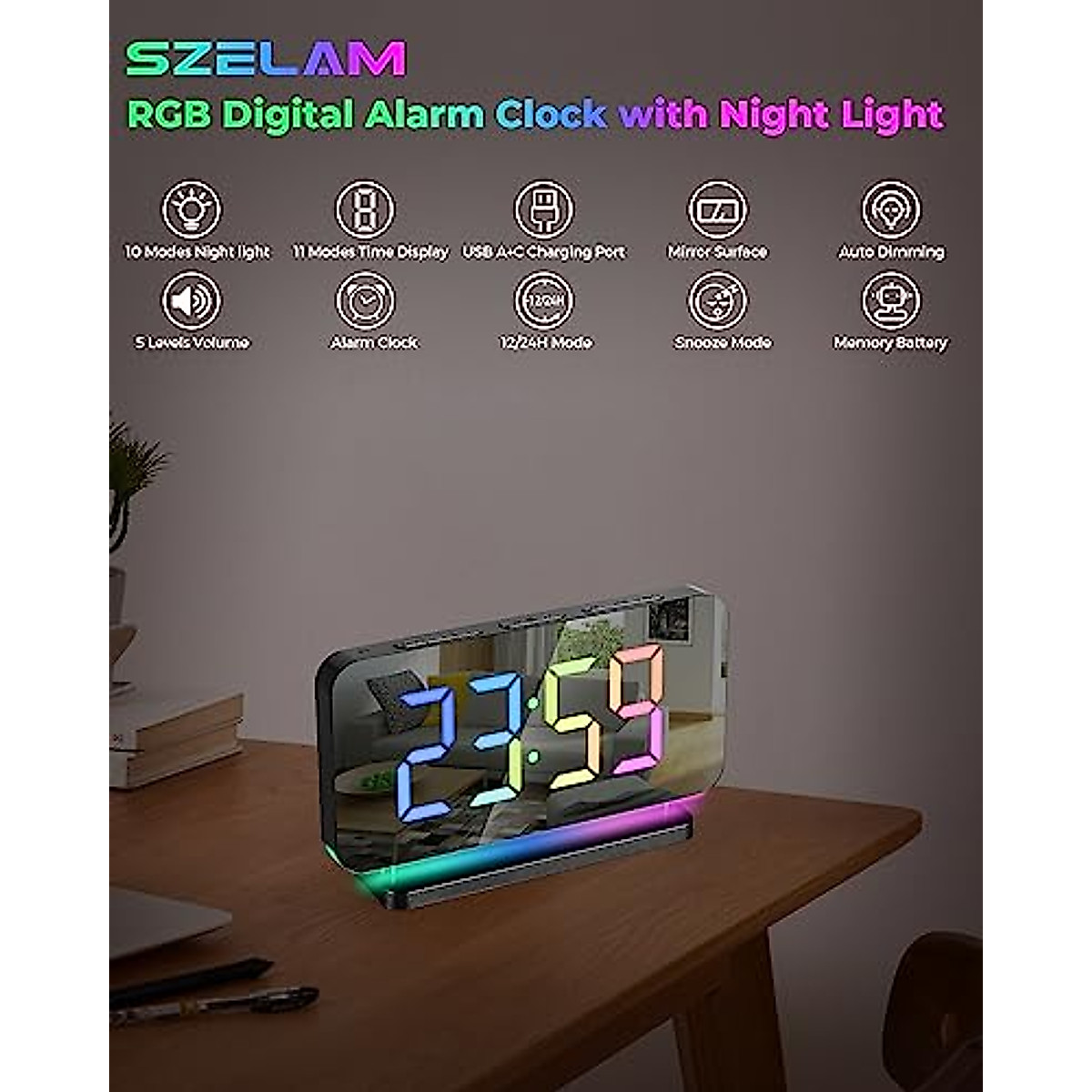 SZELAM Alarm Clock for Heavy Sleepers Adults,7.4” Digital Clocks Large Display,with USB C Port,RGB Night Light,5 Levels Volume,Auto Dimmer,LED Desk Clock for Bedroom Decor - Black