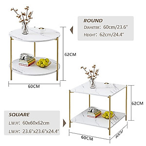 IOTXY Home Round Coffee Table - 23.6" Small 2-Tier End Table with Open Storage Shelf, White Wooden Table Top Gold Metal Frame Side Table