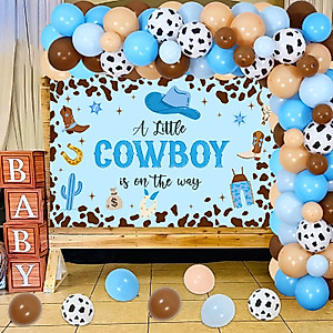 JOYMEMO Blue Brown Cowboy Baby Shower Decorations for Boy, Western Cowboy Balloon Garland Kit with A Little Cowboy is On The Way Backdrop, Wood Baby Shower Boxes, Wild West Baby Shower Supplies