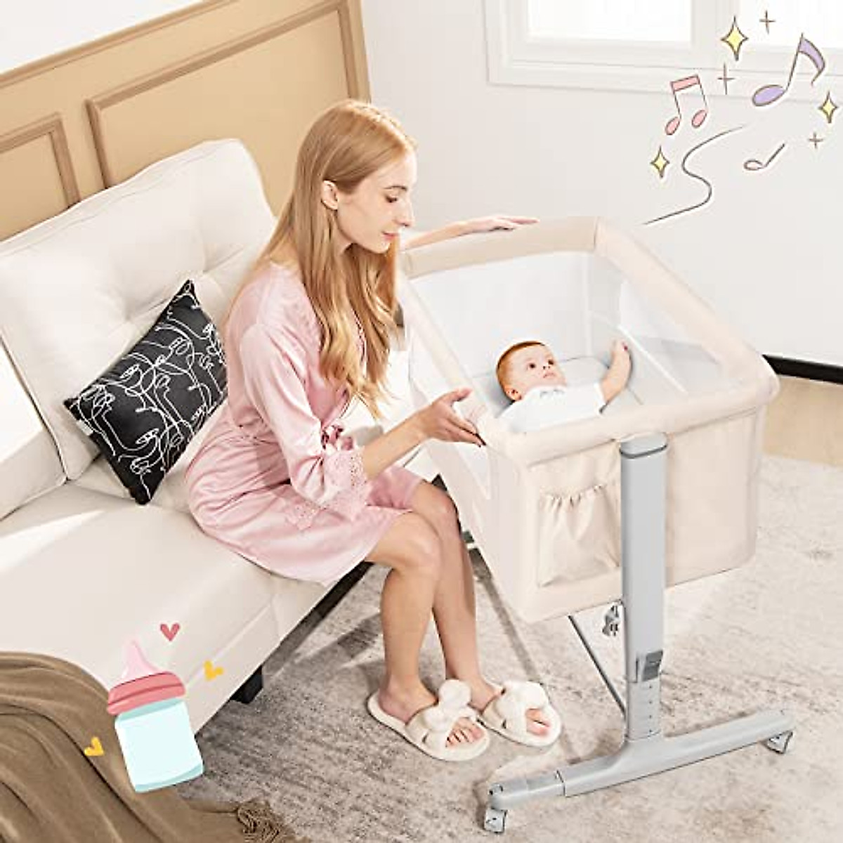 BABY JOY Bassinet Bedside Sleeper, 3 in 1 Folding Crib w/Adjustable Height, Mattress, Lockable Wheels, Storage Pocket & Carry Bag for Infant Newborn, Stationary & Rock, Portable Baby Bassinet (Beige)