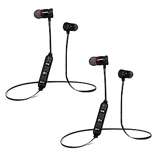 2 Acuvar Wireless Magnetic Rechargeable Ear Buds, in line mic, Volume, Play/Pause Controls (Black)
