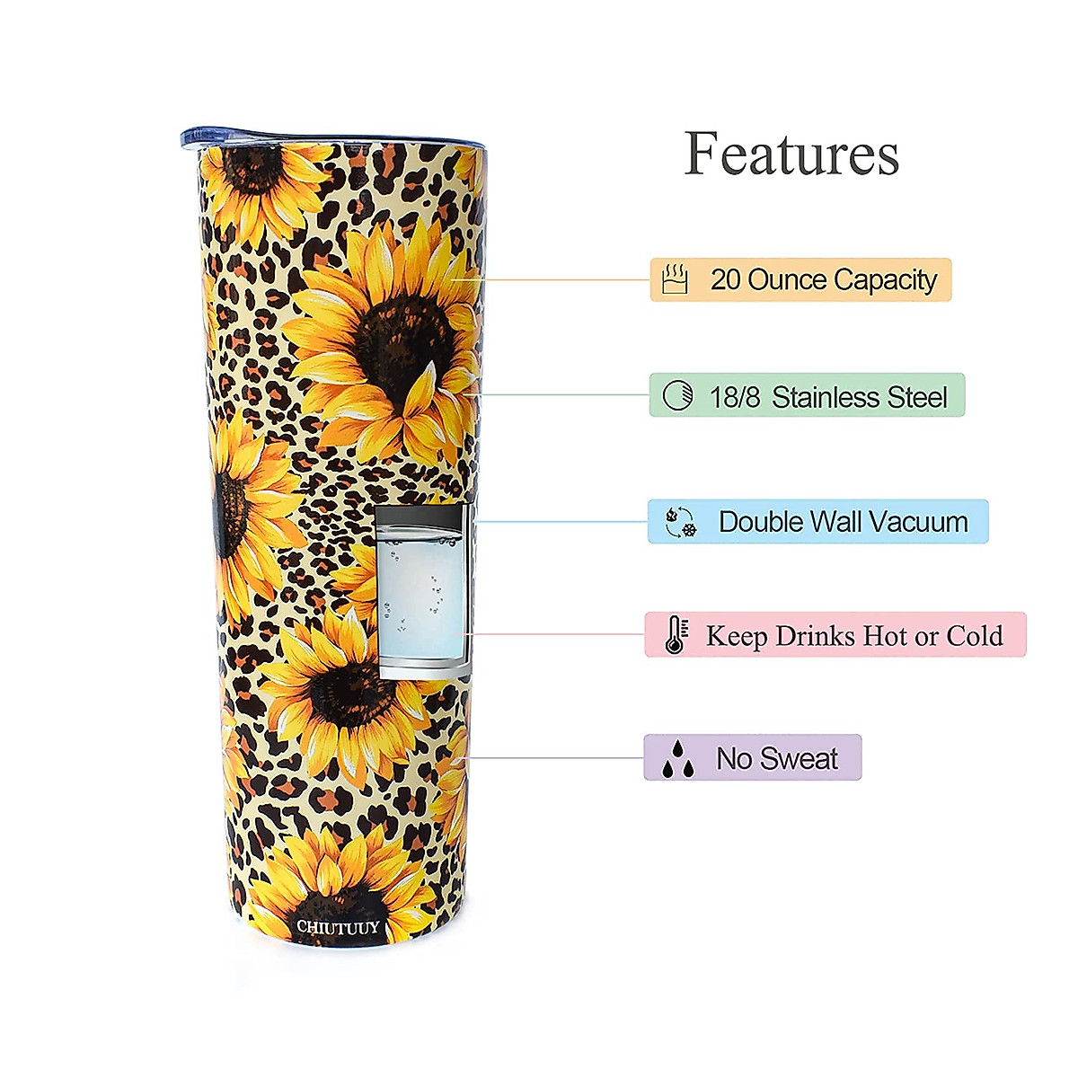 CHIUTUUY 20oz Skinny Tumbler with Lid and Straws, Stainless Steel Vacuum Insulated Double Wall Travel Tumbler Cups for Coffee, Tea, Beverages