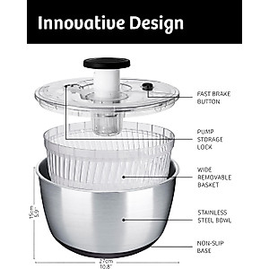 lily&stone Large Stainless Steel Pump Salad Spinner with Drain, Bowl, and Colander - Quick and Easy Multi-Use Lettuce Spinner, Vegetable Dryer, Fruit Washer, Pasta and Fries Spinner - 6.33 Qt