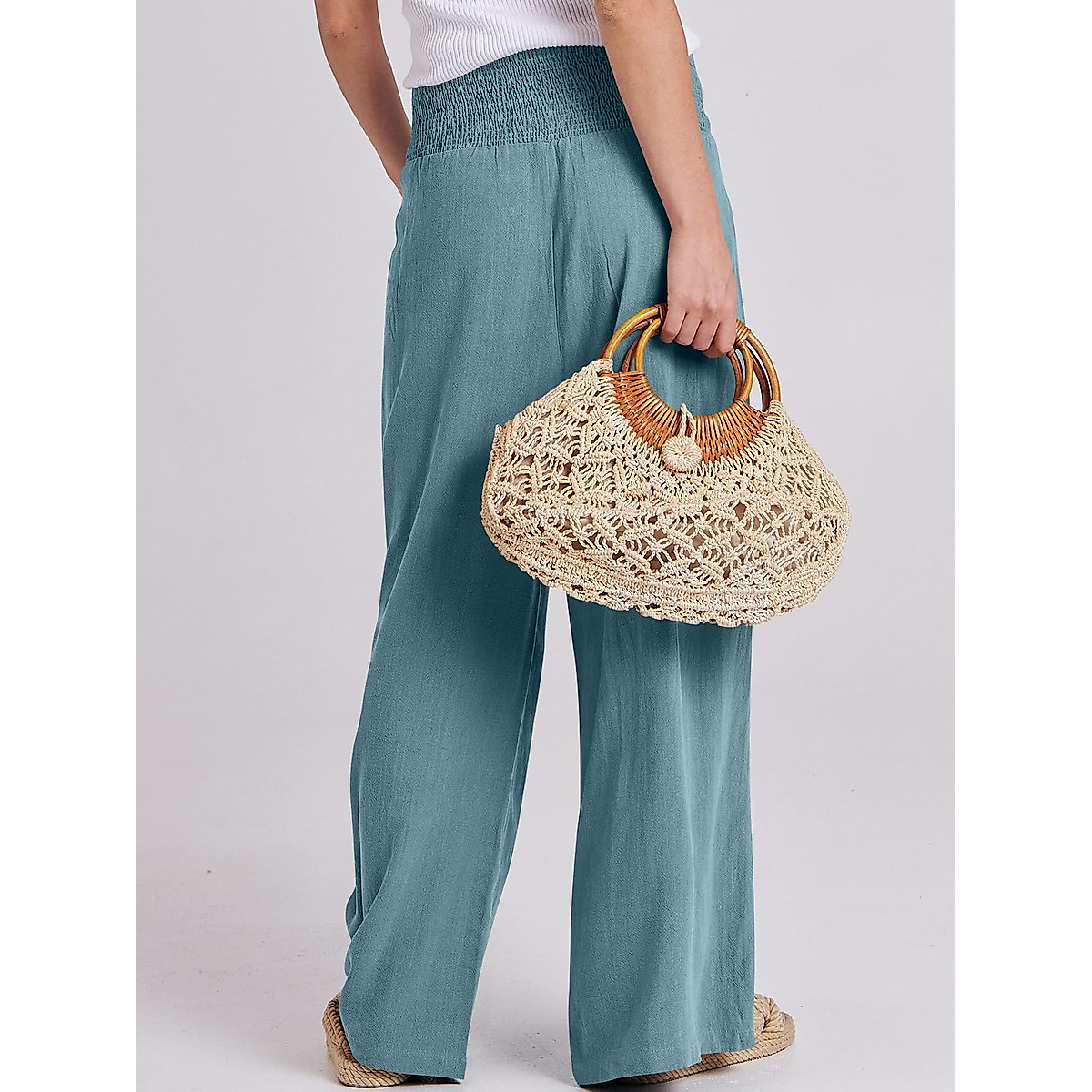 ANRABESS Women Linen Palazzo Pants Summer Boho Wide Leg High Waist Casual Lounge Pant 2025 Beach Travel Vacation Outfits Lake Small