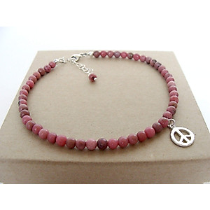 Peace charm anklet, dusty pink rhodonite stones sterling silver, adjustable length 9-10 inches, handmade by Let Loose Jewelry