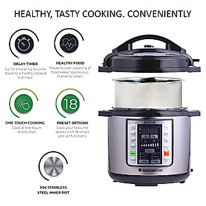 Wonderchef 6 Quart Indian Cooking Multi-use Programmable 7-in-1 Stainless Steel Pressure Cooker, Steamer, Yogurt Maker, Sauté, Rice Cooker, Warmer and Slow Cooker; 6-quarts