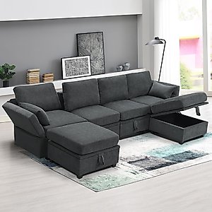 Ucloveria Chenille Modular Sectional, U Shaped Couch with Adjustable Armrests and Backrests,6 Reversible Sofa Bed with Storage Seats for Living Room, Apartment,Grey, Grey-109
