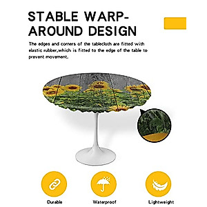 Big buy store Elastic Edged Waterproof Tablecloth Round Sunflower Plant Garden Reusable Wipeable Table Cover Wooden Plank Washable Oil-Proof Fitted Table Cover up up to 55"- 60" Round Tables