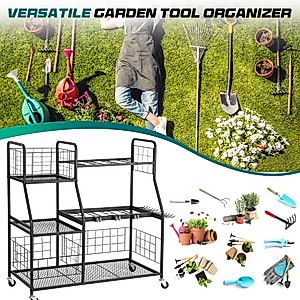 Rengue Garden Tool Organizer, 3 Tier Utility Yard Tool Organizer with Wheels, Large Garden Tool Storage Rack with Extra Storage Basket for Shed/Garage/Garden/Yard/Lawn