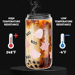 8 Pcs Pink Ghost Halloween Glasses Cups, 16 oz Cute Halloween Spooky Glass Cups with Lids and Straws Ghost Pumpkin Bat Iced Coffee Cups, Glasses Drinking for Halloween Party Gift