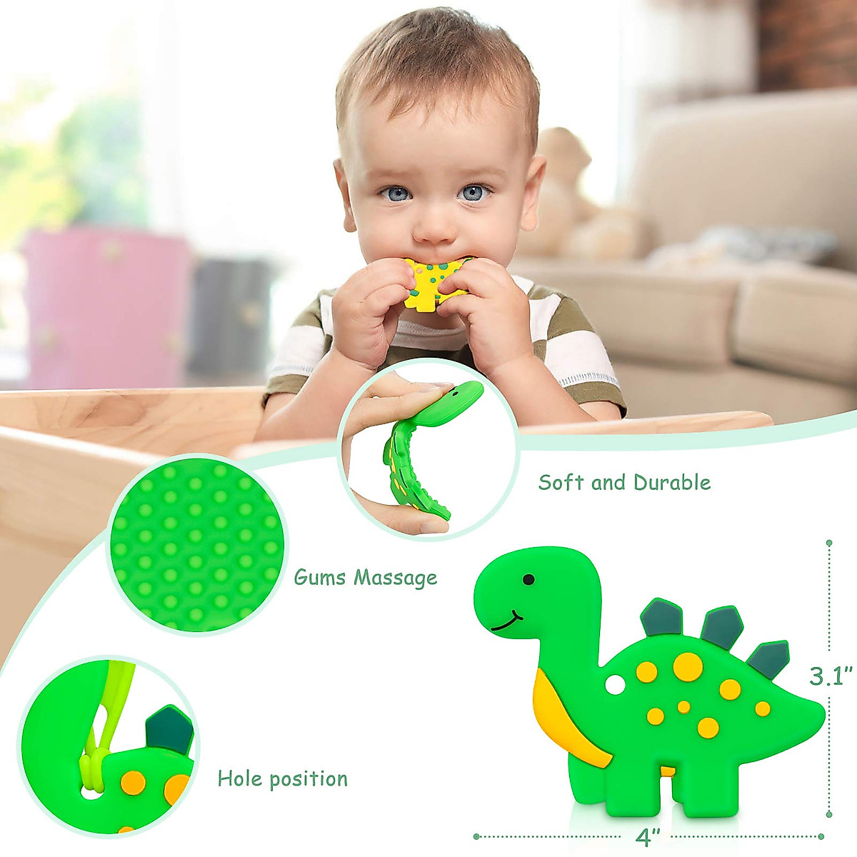 SHARE&CARE Baby Toys Dinosaur Teether, Banana Teether, Food Feeder Pacifier, Baby Essentials, Baby Must Haves, Baby Stuff for Newborn (Green)