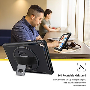 ProCase Rugged Heavy Duty Case for iPad 9.7 2018 iPad 6th Gen / 2017 iPad 5th Gen, iPad Pro 9.7 Case, iPad Air 1/2 Case, Shockproof Cover with Handle and Rotating Kickstand for iPad 9.8 Black