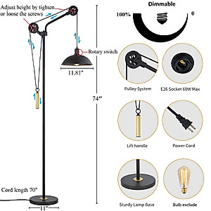 LeeZM Dimmable Industrial Floor Lamp for Living Room,Rustic Farmhouse Floor Lamps with Pulley System, Modern Reading Pole Task Lamp, Vintage Arched Tall Standing Lamp for Bedroom Office, Deep Bronze