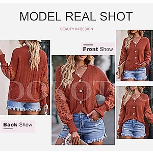 Dokotoo Women's V Neck Crochet Hollow Out Long Sleeve Button Down Cable Knit Cardigan Sweaters for Women Ladies Lightweight Tunic Fashion Sweater Pullover Tops Dark Orange M