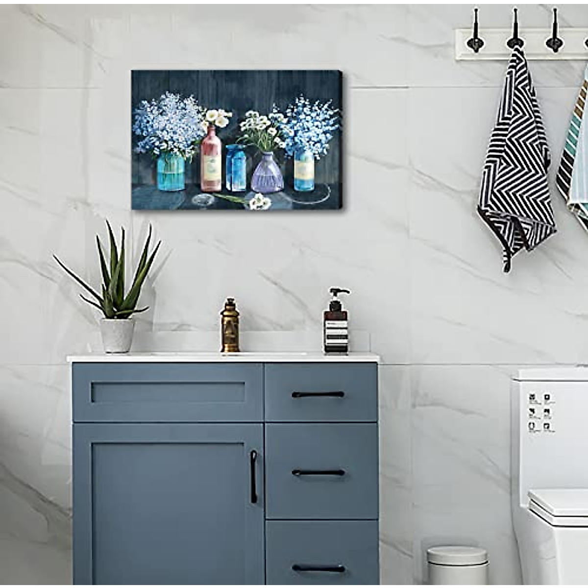 HKDGOKA Bathroom Wall Art - White Flower in Blue Vase Bathroom Decor - Paintings,Modern Canvas Wall Art Decor Artworks Pictures for Living Room Bedroom Kitchen Decoration,12x16 inch