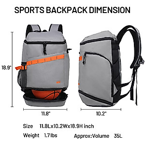MIER Basketball Backpack Soccer Bag with Shoes/Ball Compartment, Large Sports Back Pack Equipment Bag for Men Women Athletes, 35L, Gray