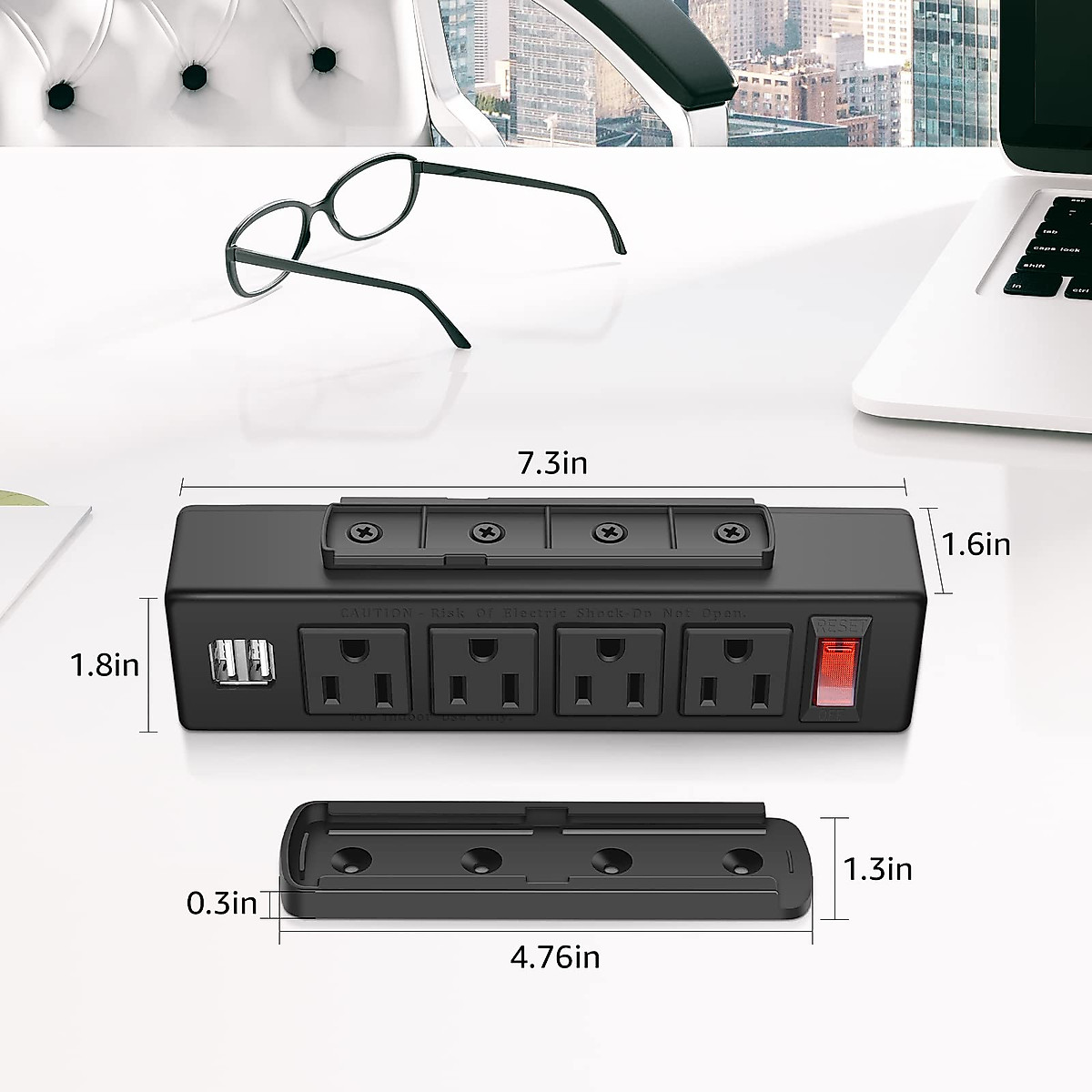 HHSOET Under Desk Power Strip with 4 Outlets and USB Ports, Under Desktop Charging Outlet Station, on Desk Mount Plug with 3M Adhesive, Underneath Table Mountable Power Outlet with 6 FT Cord. (Black)