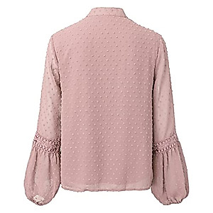 Long Sleeve Tops for Women Chiffon V Neck Collared Tie Neck Mesh Lace Fall Tshirts Tee Lanterned Sleeve Plain Autumn Elegant T-shirts Swiss Dot Summer Trendy Tunic Blouses Casual Solid Color Pink