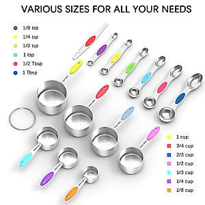 TILUCK measuring cups and magnetic measuring spoons set, stainless steel measuring cups, 6 double-sided stainless steel measuring spoons & 1 leveler (7+7)