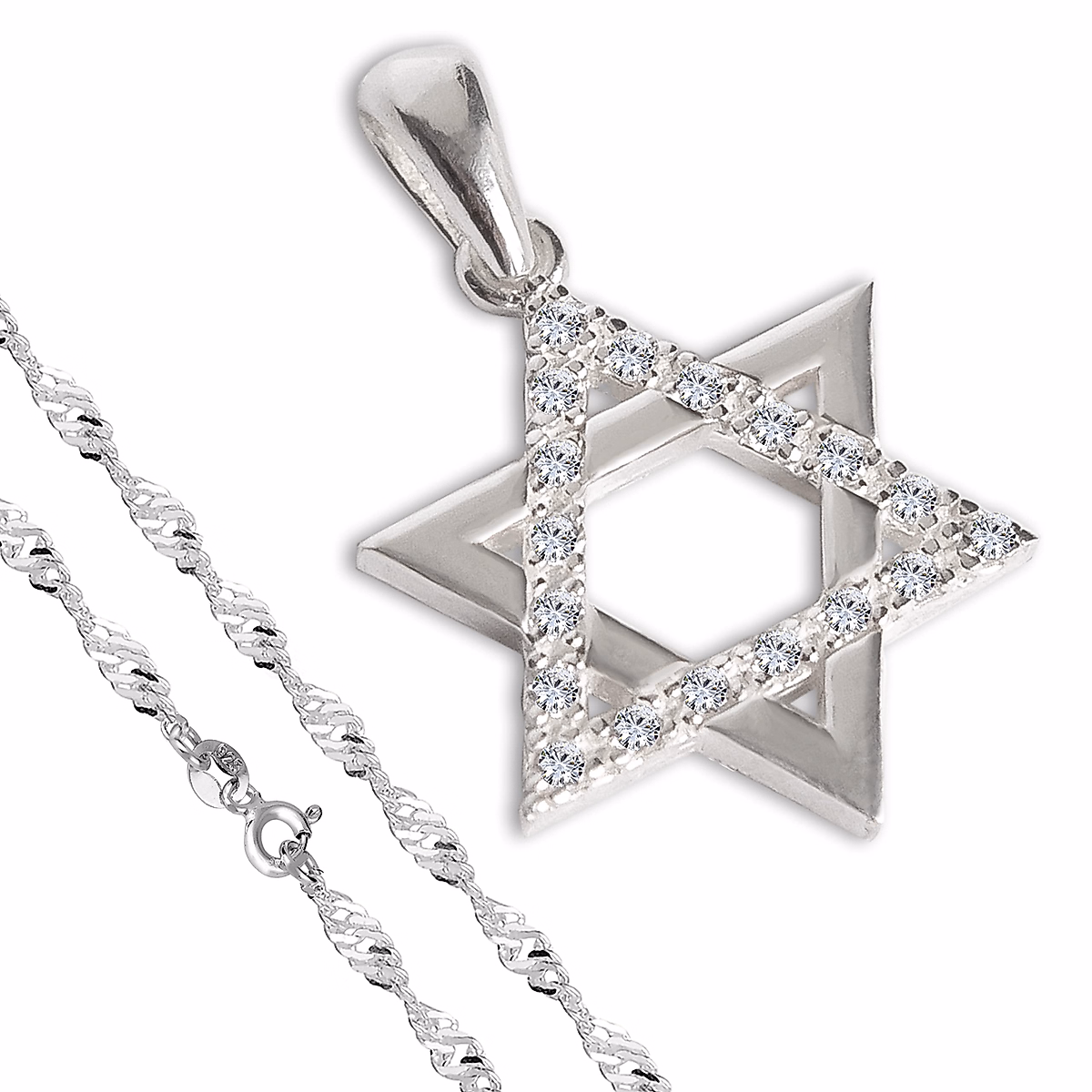 ICEBERRY Jewish Star of David Necklace for Women - Dainty 925 Sterling Silver Cubic Zirconia 6 Point Star Pendant with Singapore Chain 19.7"- Judaica Hebrew Jewelry (White)