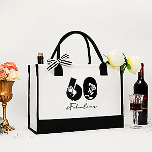 Crisky 60th Birthday Gifts for Women Canvas Tote Beach Bag 60 & Fabulous with Ribbon for Wife/Sister/Mom/Aunt/Friends,17" x 12" x 7"